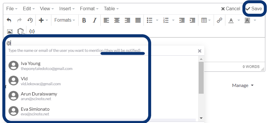 How To Notify a User in SciNote (using the @ mention) & View Notifications
